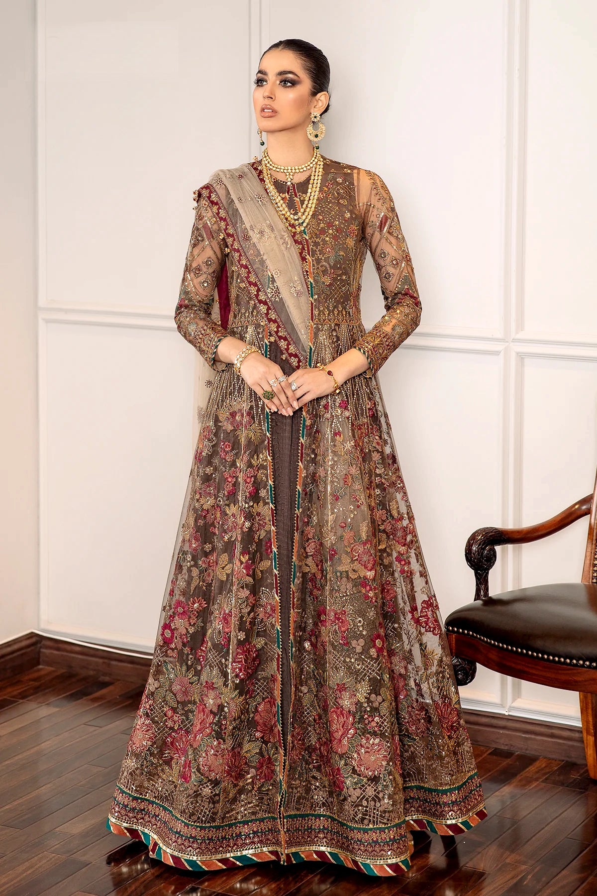 Buy Brown Embroidered Pleated Anarkali With Jacket Online ...
